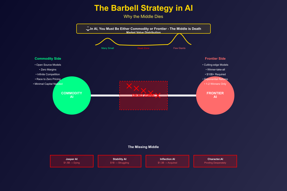 The Barbell Strategy in AI: Why the Middle Dies - FourWeekMBA